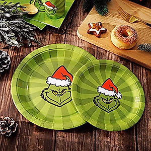 Whaline 100Pcs Christmas Tableware Set Green Christmas Character Disposable Dinnerware Set 50Pcs Paper Plates 25Pcs Napkin 25Pcs Cups for Xmas Theme Party Supplies Table Decorations