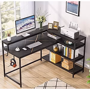 Tribesigns 53 Inch Reversible L Shaped Desk with Storage Shelf, Modern Black Marble Corner Desk with Shelves and Monitor Stand, Gaming Desk for Home Office （53" D x 41" W）