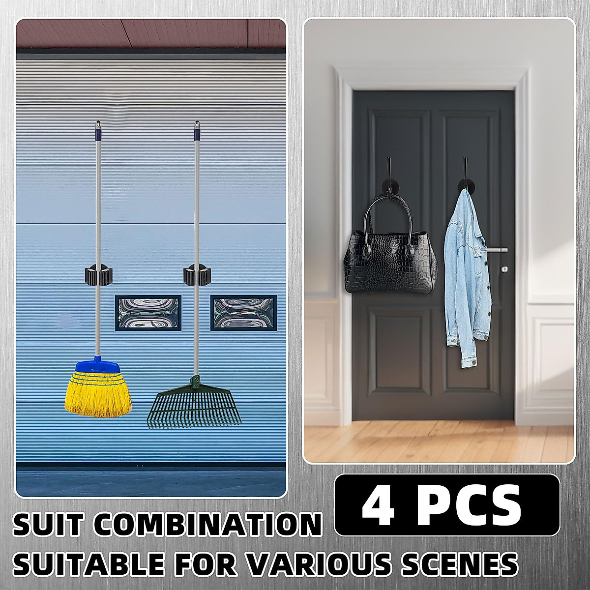 Vercraft 4 Pcs Magnetic Double Hooks Magnetic Coat Hooks Magnetic Mop Broom Holder Movable Magnetic Broom Holder Rack for Garage Kitchen Laundry Garden