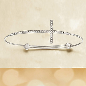 Ross-Simons Sterling Silver Sideways Cross Bangle Bracelet With Diamond Accents