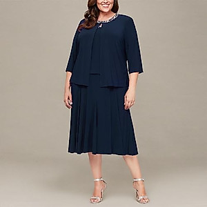 Alex Evenings womens Plus-size Tea Length Jacket With Sequin Beaded Trim Special Occasion Dress, Navy, 16 Plus