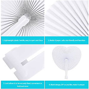 Zwin 48 Pcs Heart Shaped Paper Fans for Wedding Pocket Folding Paper Fans with Plastic Handle White Blank Fans for Guest Celebration Party Decoration