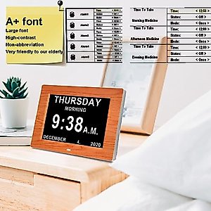 AINFTIME Clock with Day and Date for Elderly-3 Colors Display Digital Calendar Alarm Clock Dementia Alzheimers Clock with Extra Large Display (7in Woodgrain)