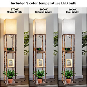 【Upgraded】Floor Lamp with Shelves,Shelf Floor Lamps for Living Room with Wireless Charger, Floor Lamps for Bedroom with USB A+C Charging Ports and 2 AC Outlet, Brown Wood Lamp for Living Room, Bedroom