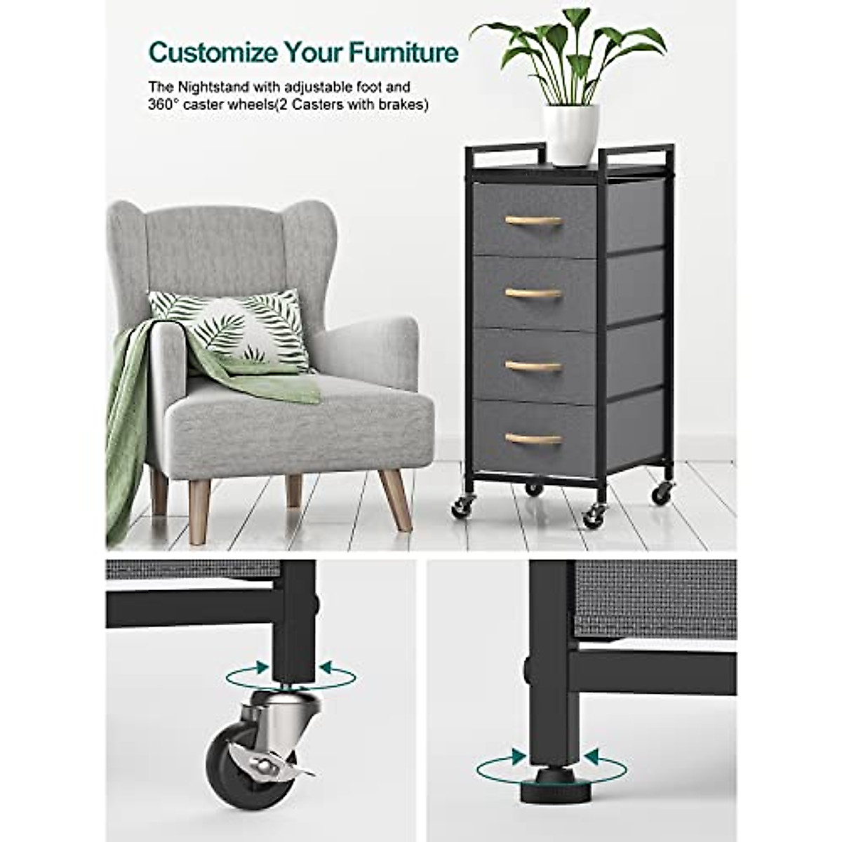 DOMYDEVM 4 Tier Drawer Closet Organizer Tower Clothing Storage Drawers Small Black Nightstand Fabric Organizer Unit with Wooden Top for Bedroom, Living Room, Nursery Room