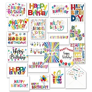 100 Happy Birthday Cards Bulk, Blank Inside with Envelopes and Stickers, – 20 Unique Bright Colorful Designs Notes, Large 5x7 Inches Folded, Thick Cardstock in a Sturdy Packaging