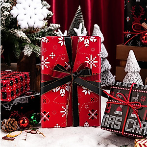 Merture Red and Black Christmas Wrapping Paper Set, Pixel Christmas Gift Paper Jumbo Roll with Reindeer, Snowflake, Christmas Text, Santa Hat, Buffalo Plaid - 4 Rolls - 30 In x 10 Ft per Roll