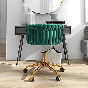 GOOLON Velvet Desk Chair, Modern Office Chair with Wheels, Home Swivel Vanity Armchair with Woven Back Comfy Height Adjustable Seat Sturdy Golden Metal Rolling Base for Makeup Bedroom, Dark Green