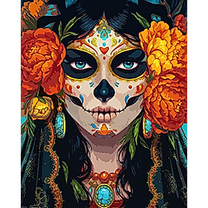 Day of the Dead Paintings Traditional Festival Mexico Art Digital Painting Paint by Numbers Kit for Adults Acrylic Oil Painting Set Painting for Beginners Skull and Flowers Drawing(16''Wx20''H)