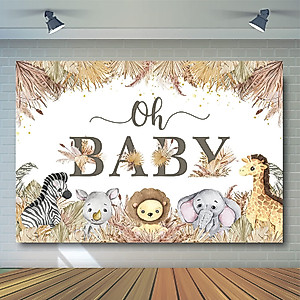Avezano Boho Oh Baby Backdrop for Safari Baby Shower Decoration Background Pampas Grass Baby Jungle Animals Shower Gender Neutral Baby Shower Birthday Wild Party Supplies (7x5ft)