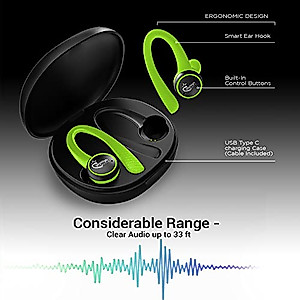 Sky High Logic True Wireless Earbuds with Charging Case - Bluetooth 5.0 Headphones with Ear Hook - Environment Noise Canceling, Waterproof for Fitness, Calls Sky7 Green