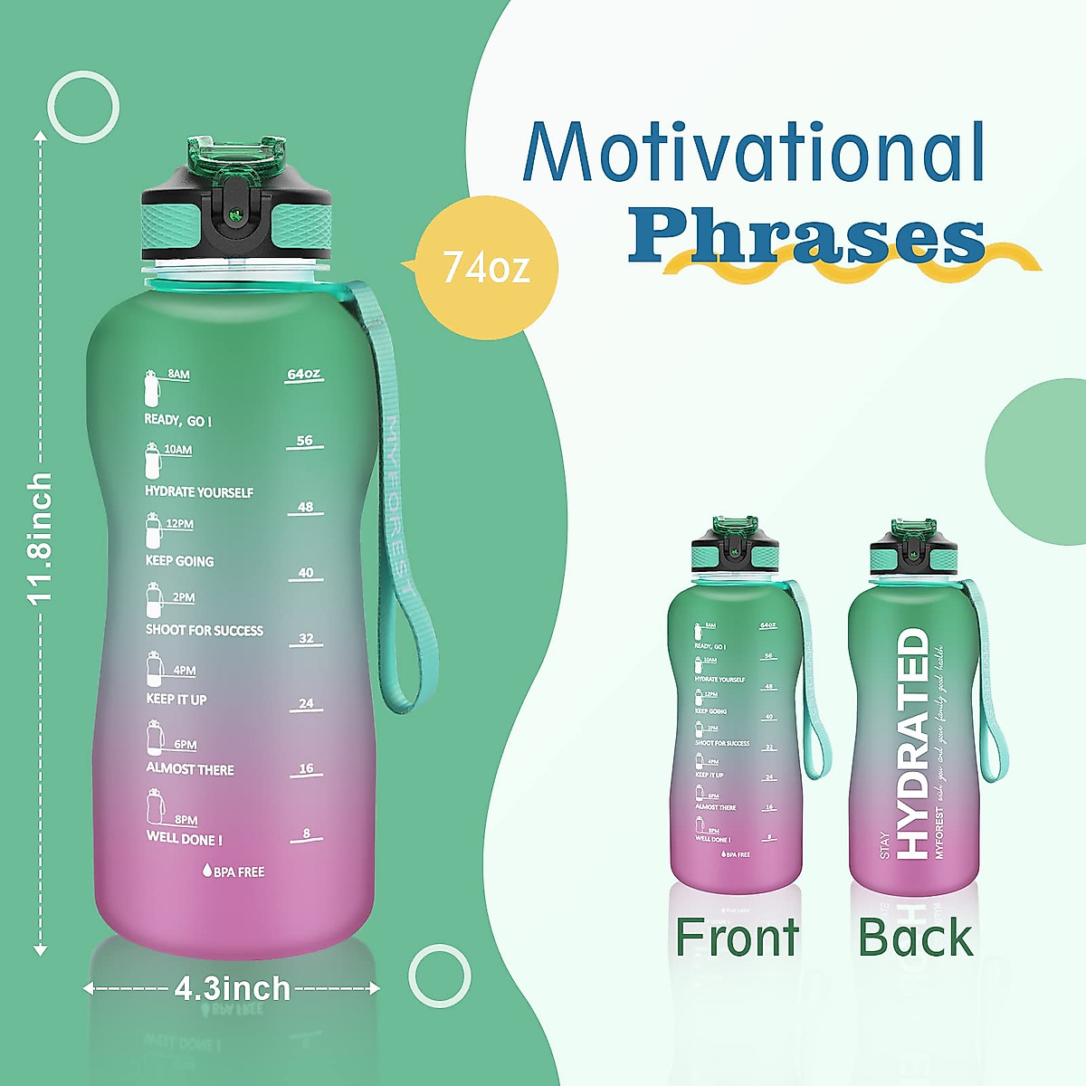 MYFOREST 64oz Water Bottle, Time Marker for Motivational Hydration, Drop-proof, BPA-free, Nozzle/Straw/Carry-Strap/Wide-Mouth for Easy Clean - 1900mL Large Sports Jug