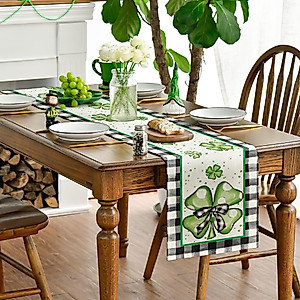 Artoid Mode Buffalo Plaid Dots Shamrocks St.Patrick's Day Table Runner, Seasonal Kitchen Dining Table Runner for Home Party Decor 13x72 Inch