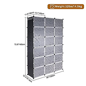 ALBOMI Portable Shoe Rack Organizer 72 Pairs, 12 Tier Stackable Plastic Shoe Storage Cabinet with Doors & Hooks, 18-Cube Space Saver Shoe Shelves for Entryway Closet Hallway Bedroom (Black)