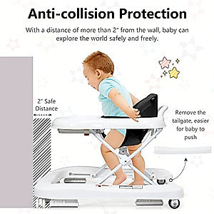 INFANS Foldable Baby Walker, 3 in 1 Toddler Walker Learning-Seated Walk-Behind for Boys and Girls, Adjustable Speed Rear Wheels, Safety Bumper, Detachable Seat Cover, Anti-Rollover (Black)