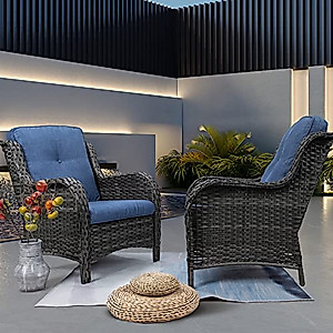 MeetLeisure Outdoor Wicker Chair Rattan Patio Dining Chairs Set of 2 PE Wicker Patio Chairs with 4inch Seat Cushions Outdoor Patio Seating Chair for Garden, Backyard Swimming Pool, Balcony, Blue