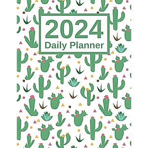 2024 Daily Planner: One Page per Day 8.5 x 11 Large | 12 Month Organizer | Agenda for 365 Days | Jan 2024 - Dec 2024 | Cactus Cover