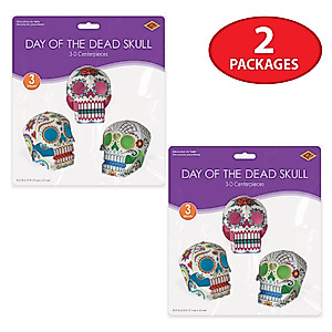 Beistle 6 Piece Three Dimensional Sugar Skull Day of The Dead Centerpieces Eye-Catching Dia De Los Muertos Party Decorations, Made in USA Since 1900, 5" x 4.5", Multicolor