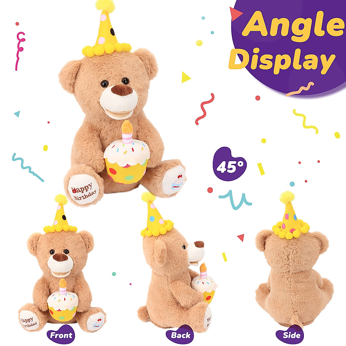 Hopearl Adorable Happy Birthday Teddy Bear with Glowing Cupcake Musical Stuffed Animal Bear Singing and Shaking Plush Toy Interactive Animated Kids Gifts, Brown, 15’’