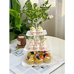 5 Pcs Cupcake Stand Set - Plastic Dessert Table Display Set, 2 White Square 3 Tier Cupcake Display Stands Cookie Tray Rack Serving Tower & 3X 14 in Plastic Trays for Wedding Baby Shower Tea Party