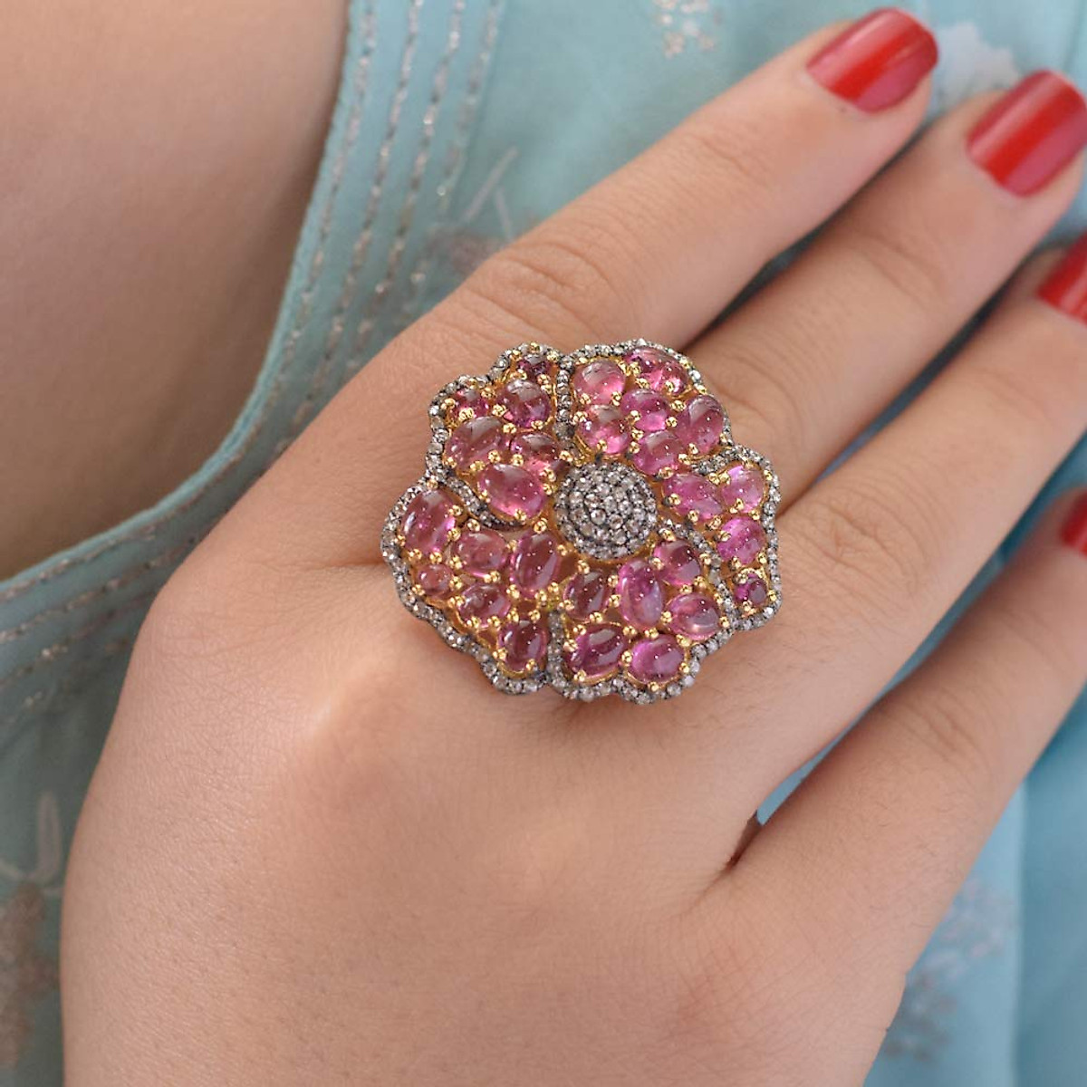 Certified Gemstone diamond Ring with 1.38 Carat Brown Natural Diamond (I2-I3 Clarity) and Precious 10.95 cts. Pink-Tourmaline 925 Sterling Silver Flower Ring For Women, Big Ring