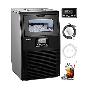 Silonn Commercial Ice Maker Machine, 84LBS/24H, Full Heavy Duty Stainless Steel Construction, Self-Cleaning, Clear Cube for Home Bar, Include Scoop, Connection Hose