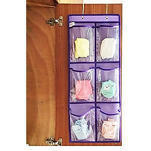 ANIZER Over The Door Hanging Shoe Organizer Narrow Closet Door Shoe Storage 6 Large Clear Pockets Chart 2 Pack (PURPLE)