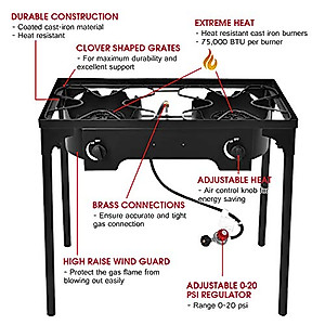 GLACER Outdoor Stove, High Pressure Double Burner Stove Propane Gas Camp Stove, 150,000BTU Portable Gas Cooker Camping Cooking Stove w/Adjustable Regulator and Stand
