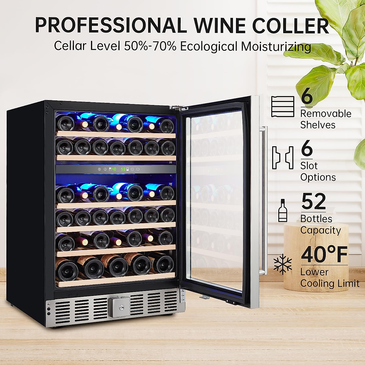 52 Bottles Wine Cooler Under Counter, 24 Inch Dual Zone Wine Fridge with 40～64°F Independent Temperature Control, Safety Lock, All Wood Removable Shelves, Stainless Steel+Glass Door, Dual Zone