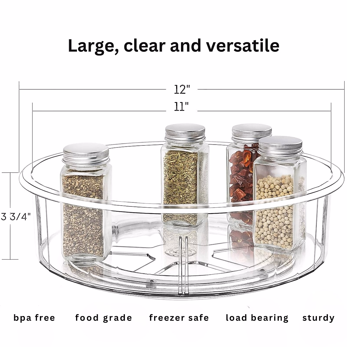 MadeGlad Lazy Susan Rotating Turntable Spice Rack Organizer, Large Round 12” with Removable Dividers, Clear Acrylic Spinning Food Storage Tray for Kitchen, Fridge, Cabinet, Pantry, Countertop