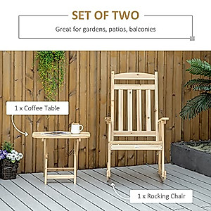 Outsunny 2 Piece Wooden Rocking Chair & Folding Outdoor Table Set, Front Porch Rocker with Armrests and High Back for Outside, Natural