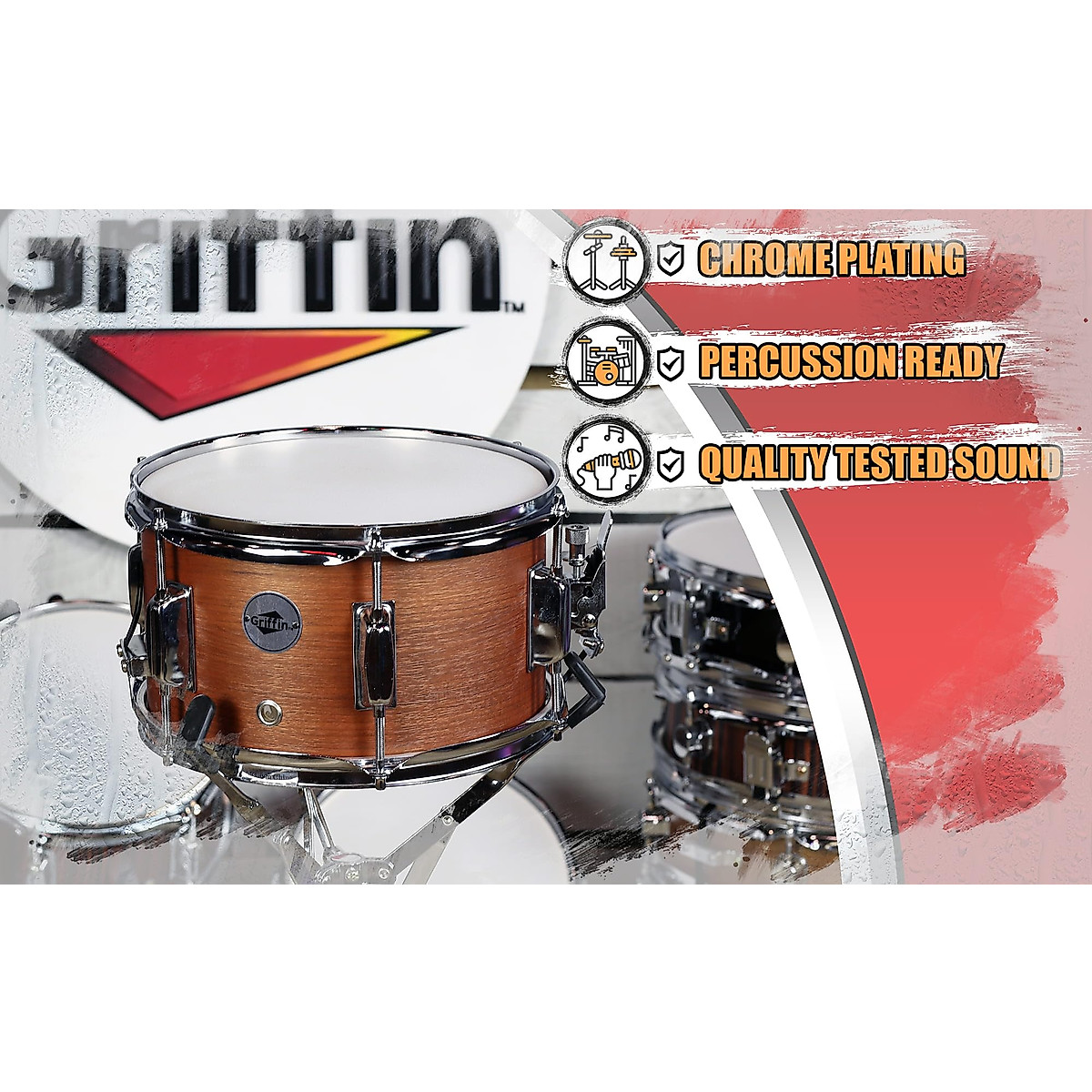 Popcorn Snare Drum by GRIFFIN | Soprano Firecracker 10" x 6" Poplar Wood Shell with Hickory PVC | Concert Percussion Musical Instrument with Drummers Kit Key & Deluxe Snare Strainer Throw Off Set