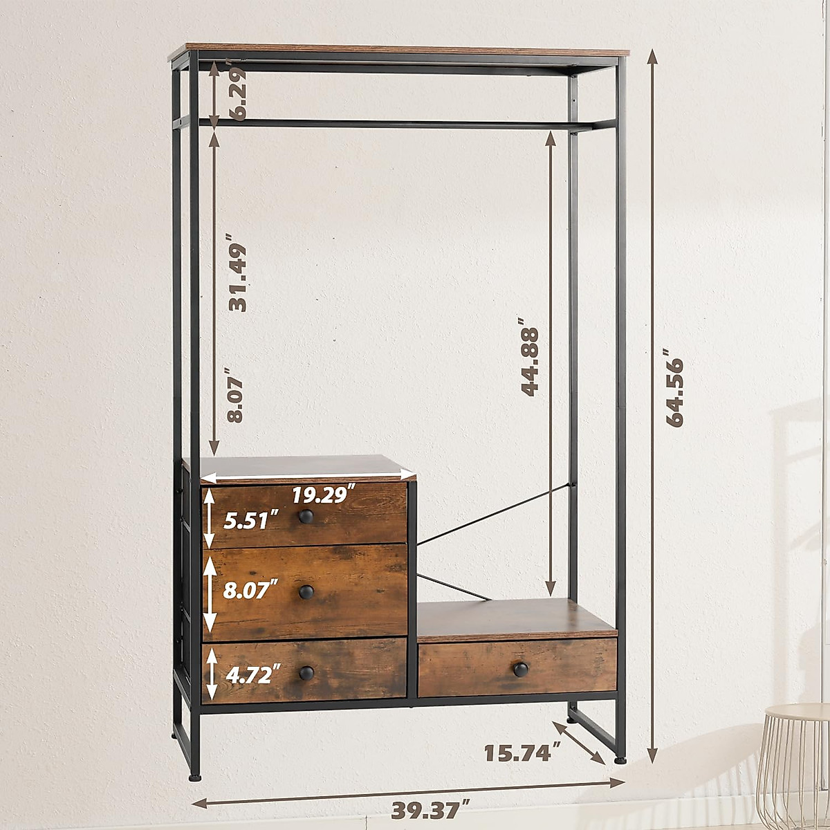 YIGOBUY Heavy Duty Garment Rack with Drawers Clothes Rack for Hanging Clothes, Industrial Clothing Racks with Shelves, 4 Fabric Drawer, Freestanding Closet Organizer, Rustic Brown