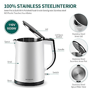 Hot Water Kettle Electric, 1.5 Liter 1000W Instant Kettle for Fast Boil Hot Water with Stainless Steel Double Wall White Electric Water Kettle