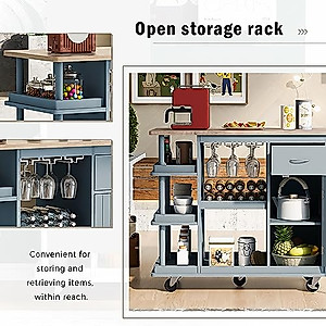 Plebs Home Multipurpose Kitchen Cart Cabinet, with Side Storage Shelves, Rubber Wood Top, Adjustable Storage Shelves, 5 Wheels, Kitchen Storage Island with Wine Rack, for Dining Room, Home - Gray Blue