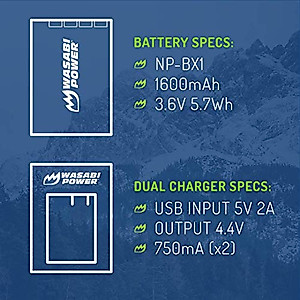 Wasabi Power NP-BX1 Battery (2-Pack) and Dual USB Charger for Sony NP-BX1/M8, Cyber-Shot DSC-HX95, HX99, HX350, RX1, RX1R II, RX100 (II/III/IV/V/VA/VI/VII), FDR-X3000, HDR-AS50, AS300, ZV-1 and More