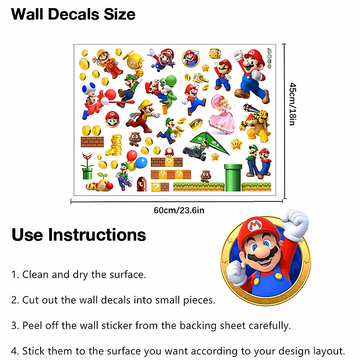 Mario Wall Sticker Children's Cartoon Bedroom Background Wall Decoration Self-Adhesive Wall Sticker PVC