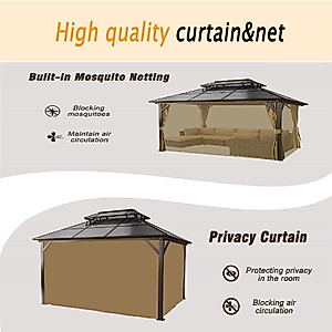 10'x13'Hard top Gazebo Patio Pavilion Double Room PC Roof Canopy Outdoor Aluminum Frame Permanent Metal Pavilion with Net and Curtain, Suitable for Backyard, Garden, Lawn (Brown)