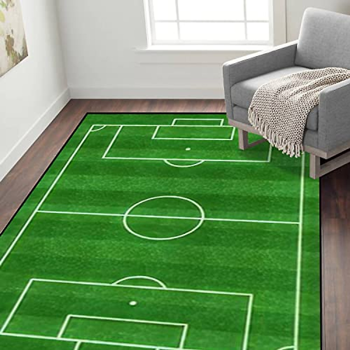 CAWIADFWJO Area Rug Soccer Field Football Stadium Green Grass Painted line Sport Play Non-Slip Soft Carpet Floor Mat Indoor Outdoor Runner Rugs Yoga Mat Home Decor for Living Room Bedroom, 47''x63''