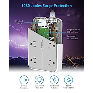 Surge Protector with USB, TESSAN Power Strip Flat Plug with 6 Widely Spaced AC Outlets 3 USB Charging Ports, 1080 Joules Protection, Wall Mount Extension Cord 5 Feet, Dorm Home and Office Accessories