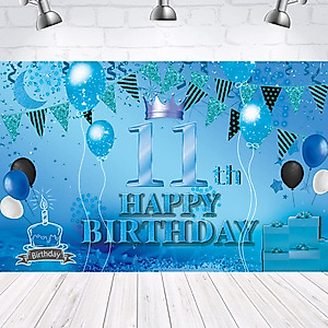 Happy 11th Birthday Backdrop Banner Blue 11th Sign Poster 11 Birthday Party Supplies for Anniversary Photo Booth Photography Background Birthday Party Decorations, 72.8 x 43.3 Inch