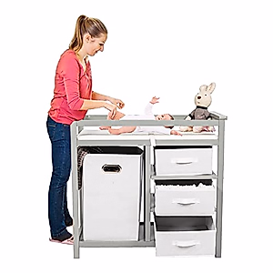 Kinbor Wood Baby Changing Table - Infant Diaper Changing Station and Dresser, Nursery Organizer with Pad, Laundry Hamper and 3 Storage Baskets, Gray