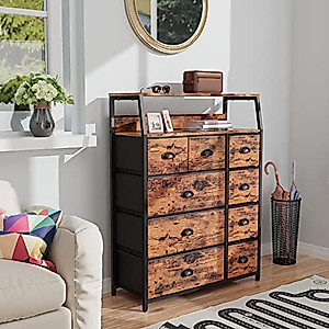 Furnulem 9 Drawer Dresser Large with Shelf, Tall Closet Storage Organizer for Bedroom, Fabric Storage Dresser, Wooden Top, Living Room, Entryway-Industrial Style (Rustic Brown, 31.5"x11.4"x39.8")