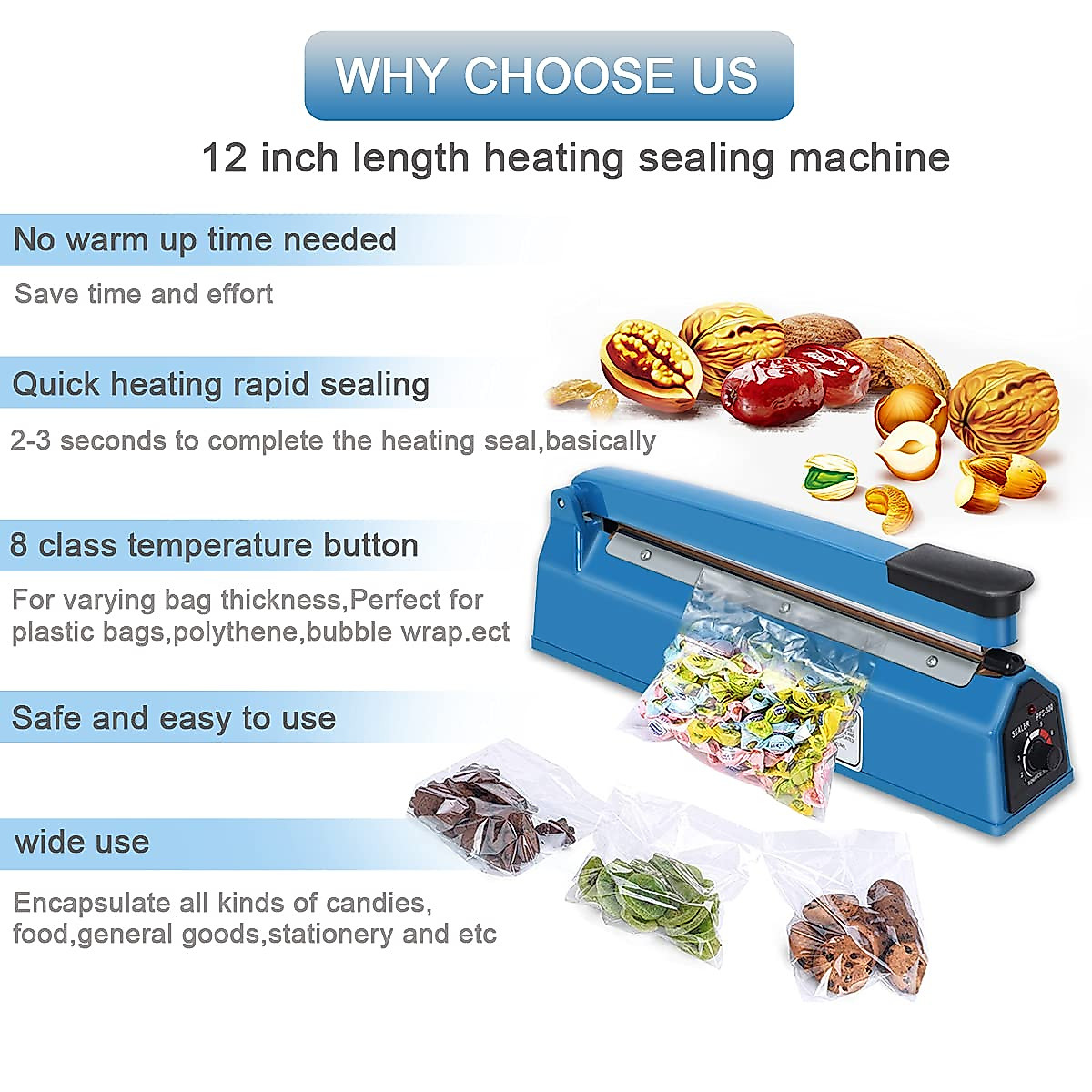 12 Inch Impulse Heat Sealer Machine, Cookie Bag Sealer for Plastic Mylar PE PP Bags and Kraft Paper Bags, Manual Poly Bag Hot Seal Sealing Machine with Extra Replace Element Grip