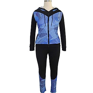 Akmipoem Autumn Long Sleeve 2 Piece Outfit Full Zip Up Jacket+Skinny Pants Set for Young Ladies Blue L
