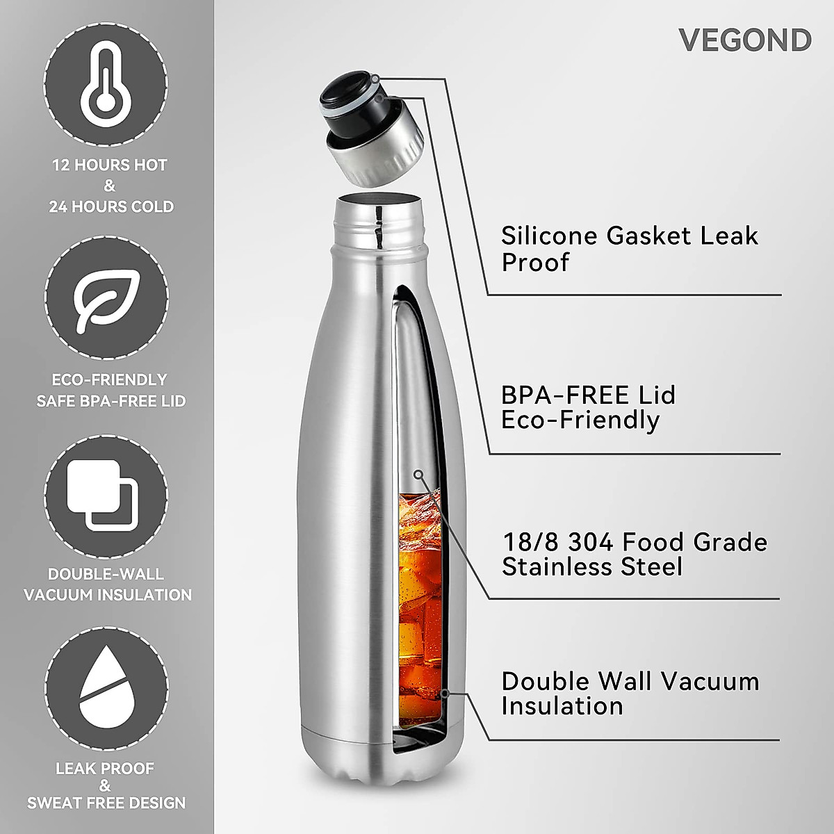 VEGOND 17oz Stainless Steel Water Bottles, Reusable Metal Sports Water Bottle Keeps Drink Hot and Cold, BPA Free Double Wall Vacuum Cola Shape Insulated Water Bottle for Camping Gym, 1 Pack