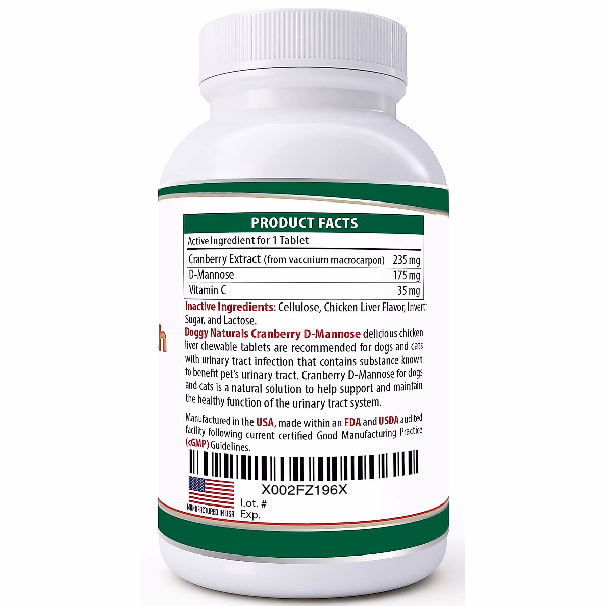 Cranberry D-Mannose for Dogs and Cats Urinary Tract Infection Support Prevents and Eliminates UTI, Bladder Infection Kidney Support, Antioxidant (Double Strength Tablet, 60 Count)