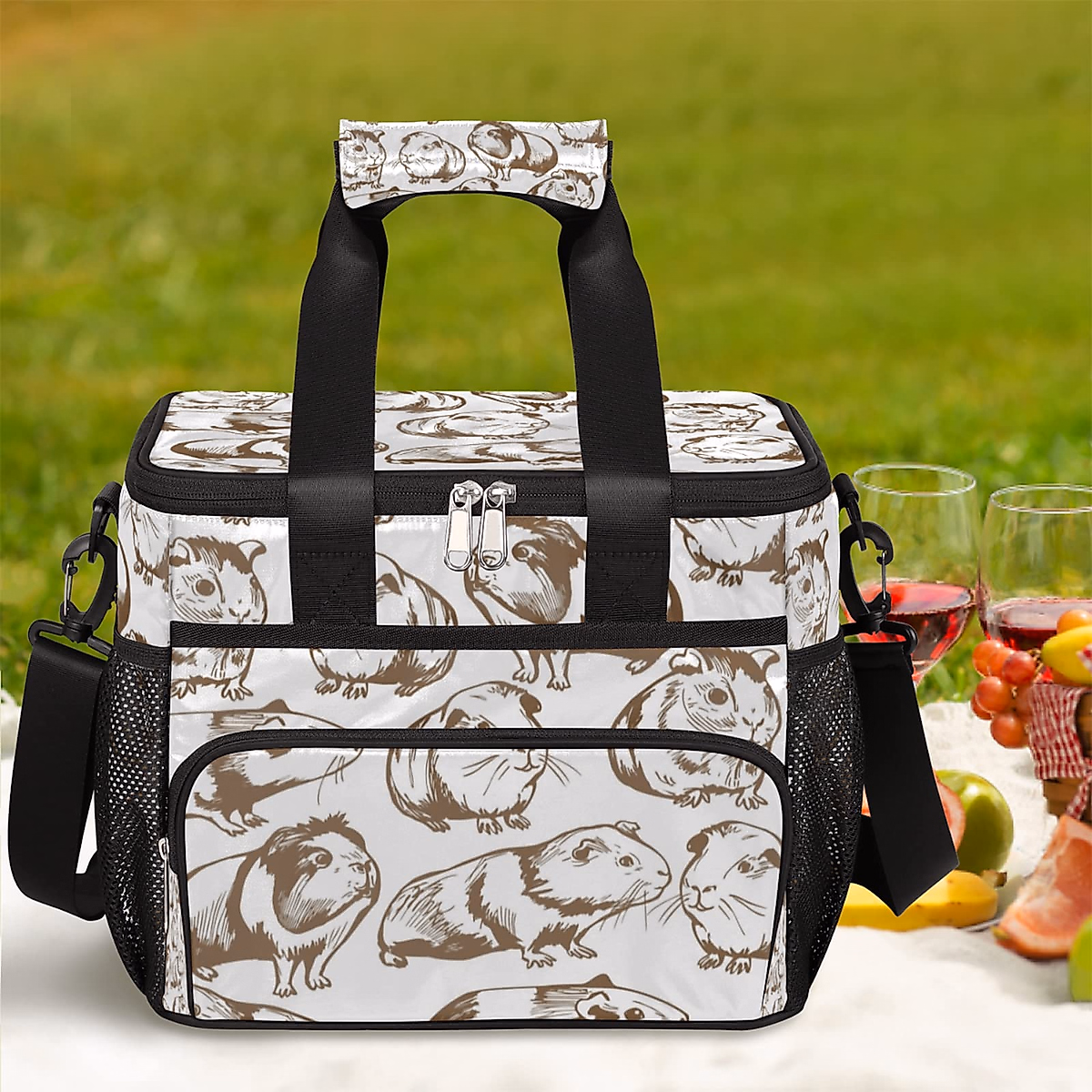 Cute Guinea Pigs Large Reusable Lunch Bag for Women Men, Insulated Lunch Bags Leakproof Cooler Lunch Tote Bag with Adjustable Shoulder Strap