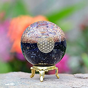 Orgonite Crystal Black Tourmaline Crystal Ball with Stand for Energy Purification and E-Energy Protection – Channels Positive Vibrations for Healing Connection between Body, Mind and Spirit