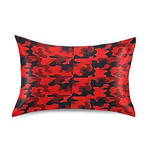 Black Red Camouflage Pillow Covers Silk Pillowcase for Hair and Skin with Envelope Closure Satin Pillowcase Standard Size Pillow Case for Hot Sleepers Bed Women Boys Girls (20x30 Inch)